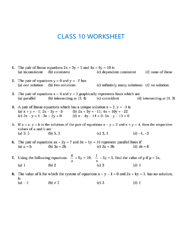 Class 10 Worksheet-1 | PDF