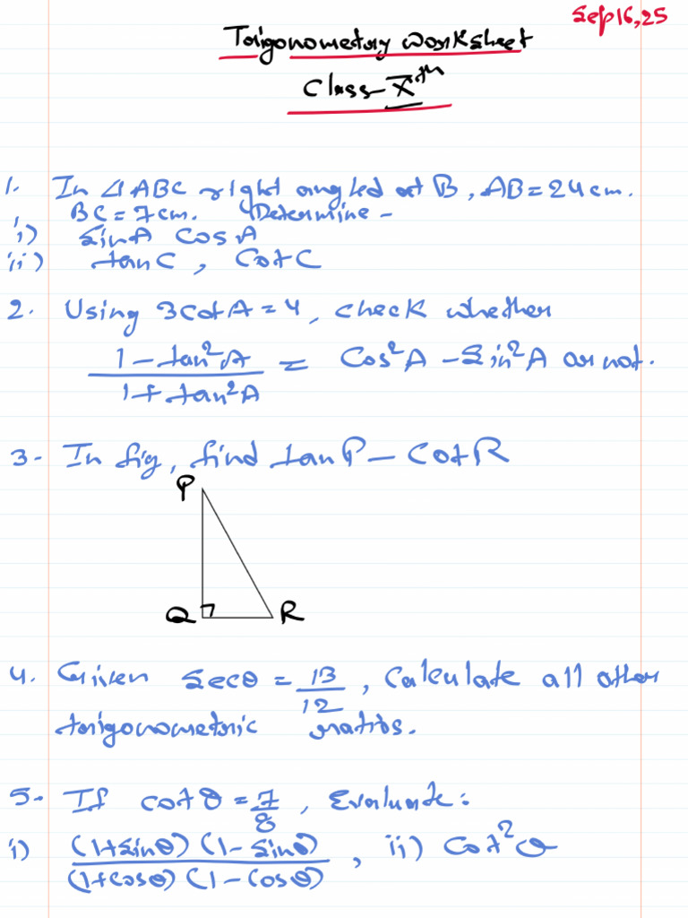 Class 10 Trigo Worksheets | PDF