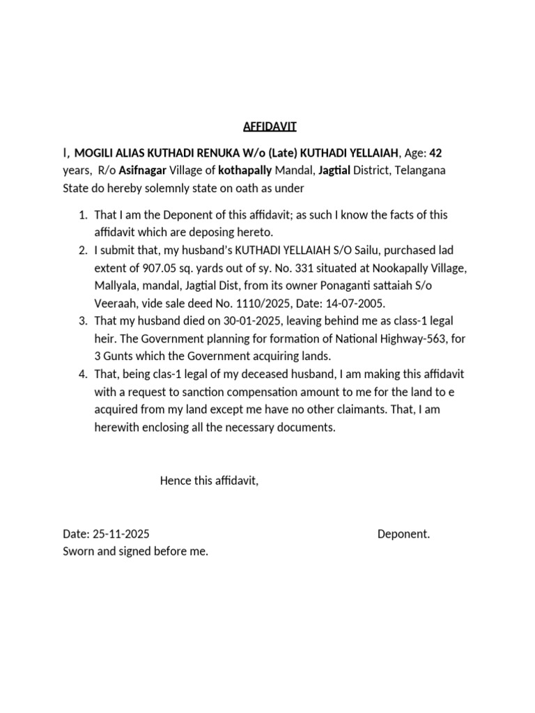 Affidavit for Land Compensation Claim | PDF