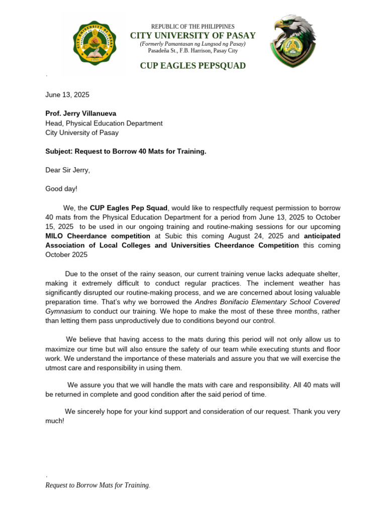 CUP Eagles Pep Squad Mats Request | PDF