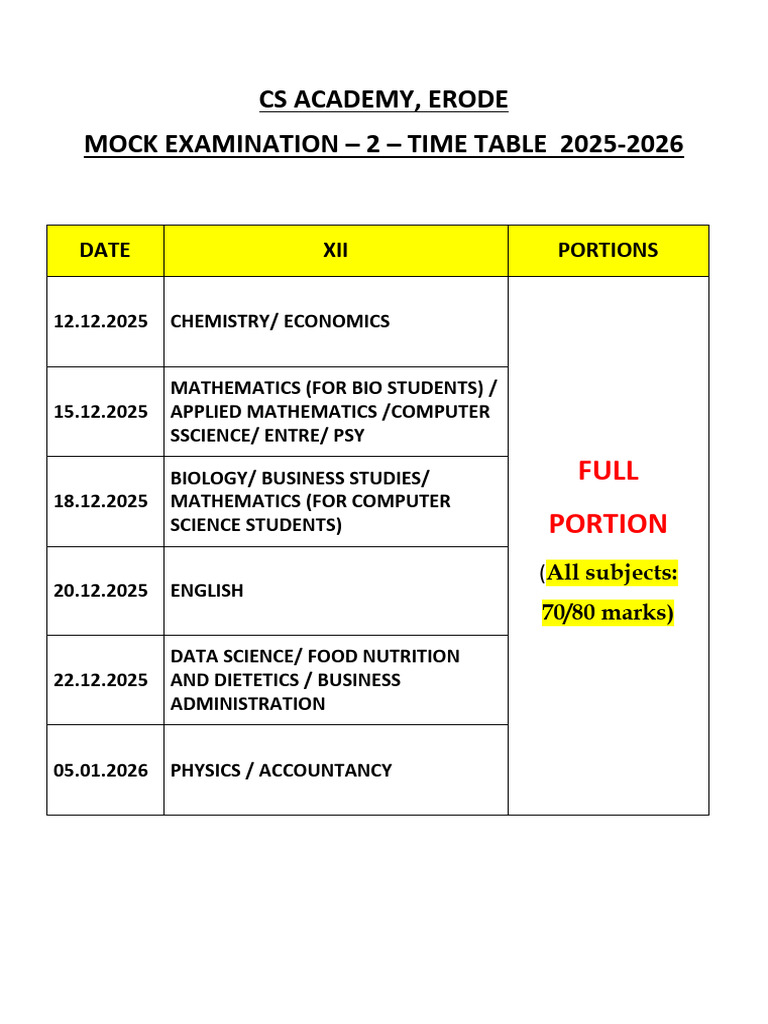Xii Mock 2 - Time Table 2025-26 (1) | PDF