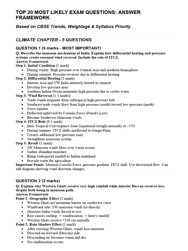 Top 20 Questions Framework | PDF | Monsoon | Rain
