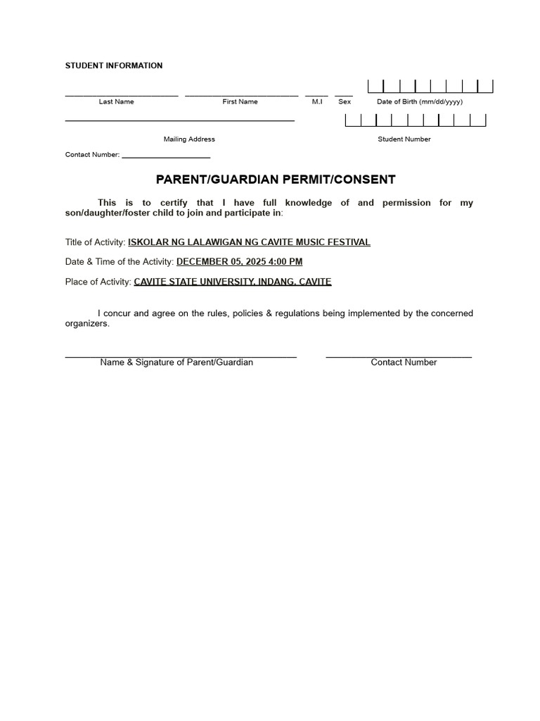 Student Consent Form for Music Festival | PDF