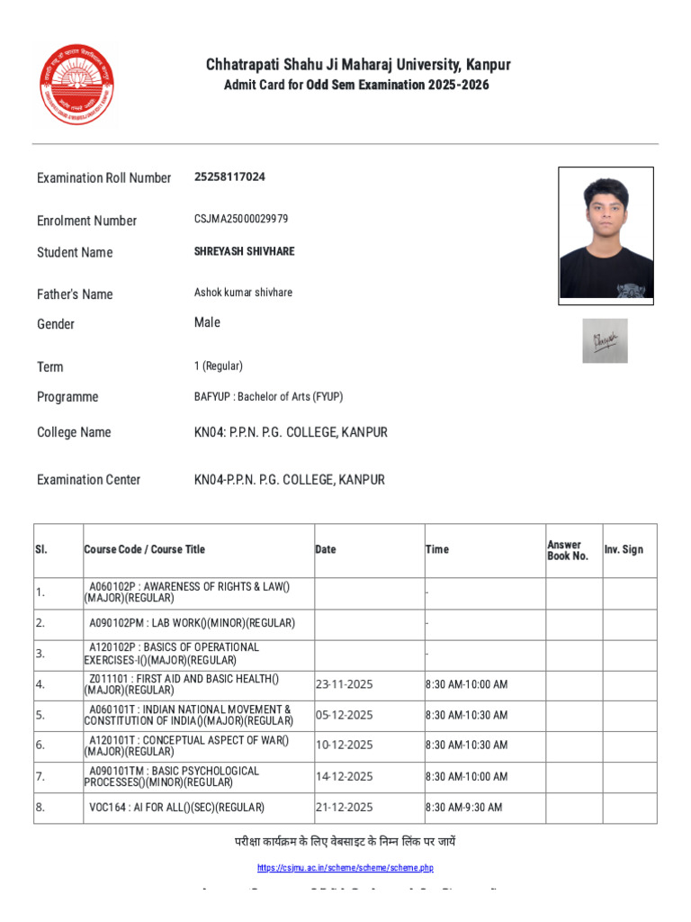 Csjmu - Samarth.edu - in Index - PHP Examstudent Hall-Admit-card View ...
