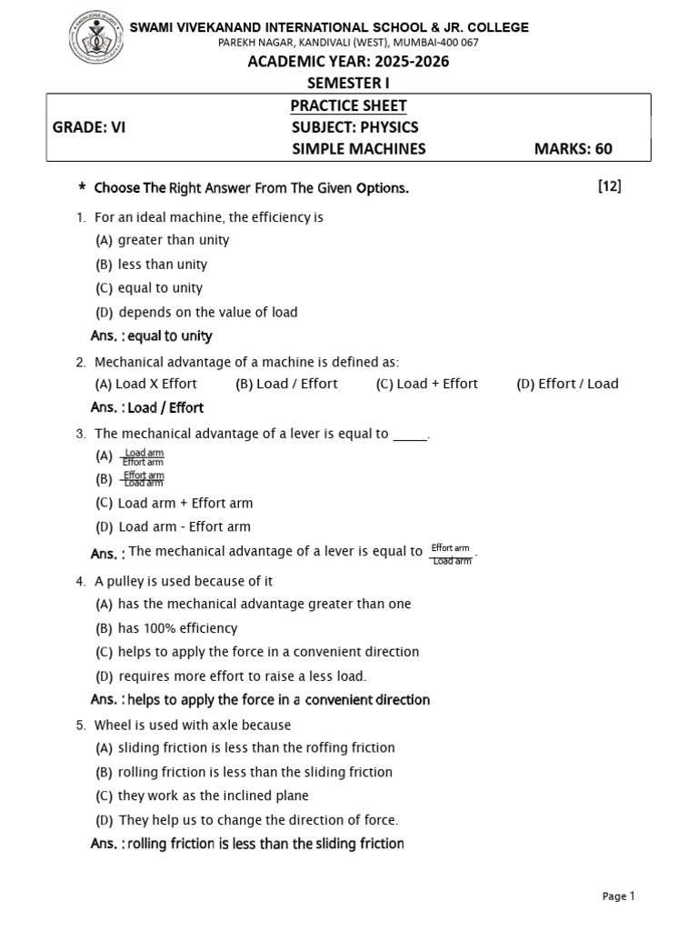 Grade Vi Physics Machines Practice Sheet | PDF | Lever | Machines
