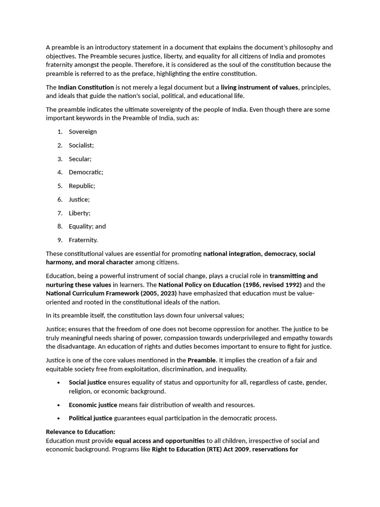 Importance of Preamble in Education | PDF | Social Equality | Justice