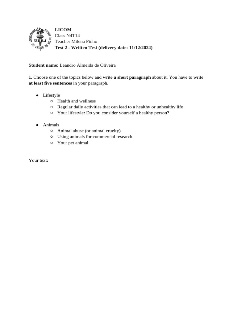 Test 2 - LICOM (N4T14) - Written Test Leandro | PDF | Psychology ...