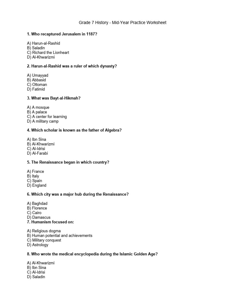 Grade 7 History - Mid-Year Practice Worksheet | PDF | Saladin | Renaissance