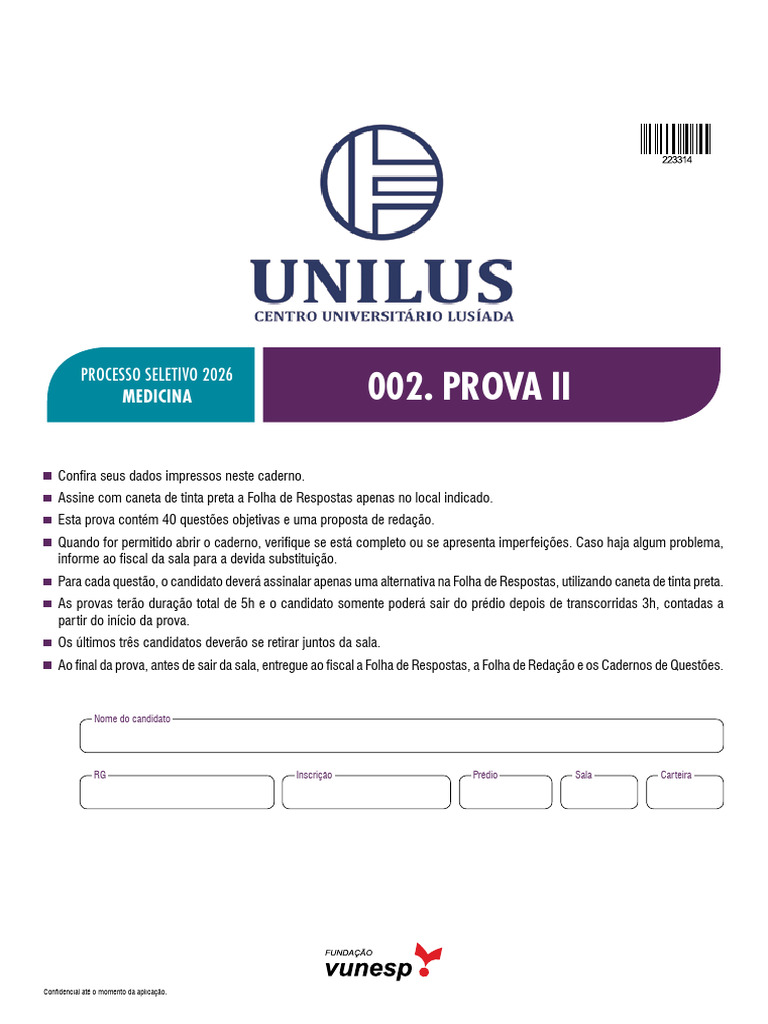 Vestibular UNILUS - Medicina 2026 | PDF | Sistema de coordenada cartesiana