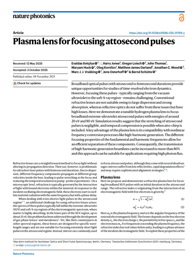 Plasma Lens for Attosecond Pulse Focusing | PDF | Electromagnetic ...
