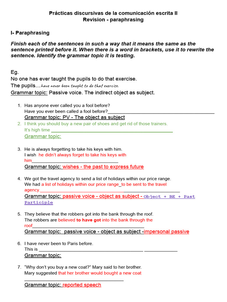 Paraphrasing Exercises for Grammar Skills | PDF | Subject (Grammar)