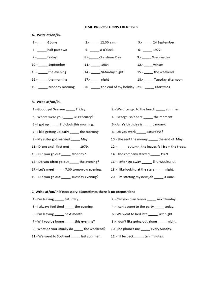 Time Prepositions Exercises 2 | PDF
