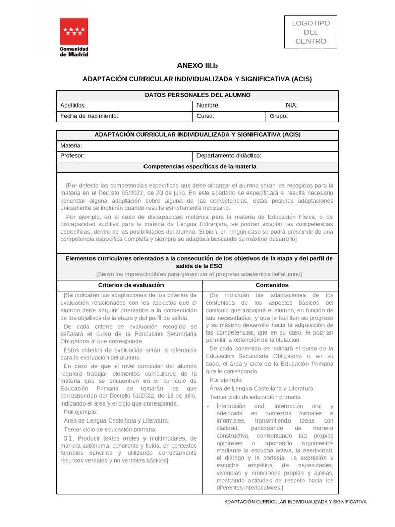 Anexo III.b Adaptacion Curricular - Acis | PDF | Plan de estudios | Educación primaria