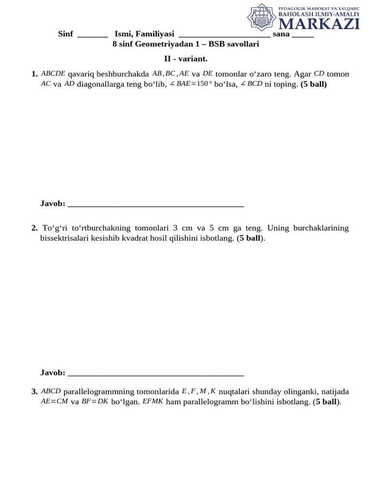 I Chorak 8 Sinf Geometriya Ixtisos BSB-1 II - Variant | PDF ...