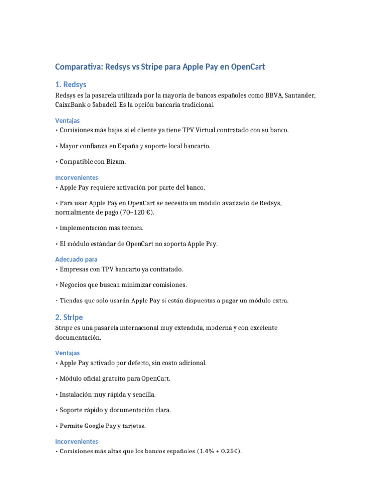 Comparativa Redsys Vs Stripe | PDF