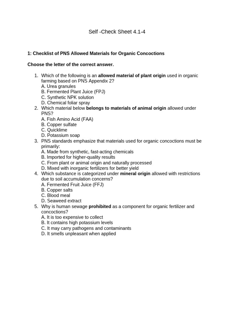 Self-Check Sheet 4.1-4 (Checklist of PNS Allowed Material) | PDF