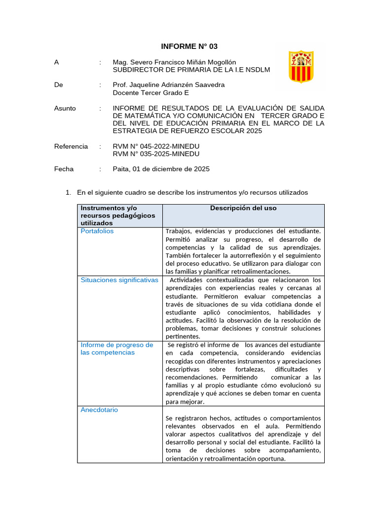 Informe de Resultados Evaluación Tercer Grado | PDF | Aprendizaje ...