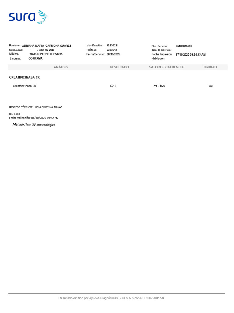 Análisis Resultado Unidad Valores Referencia: Creatincinasa CK | PDF