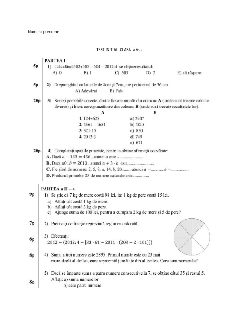 Test Initial Clasa 5 | PDF