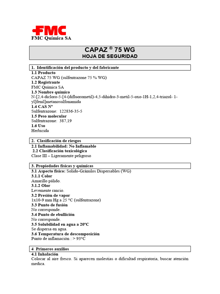 Hoja de Seguridad CAPAZ 75 WG | PDF | Agua