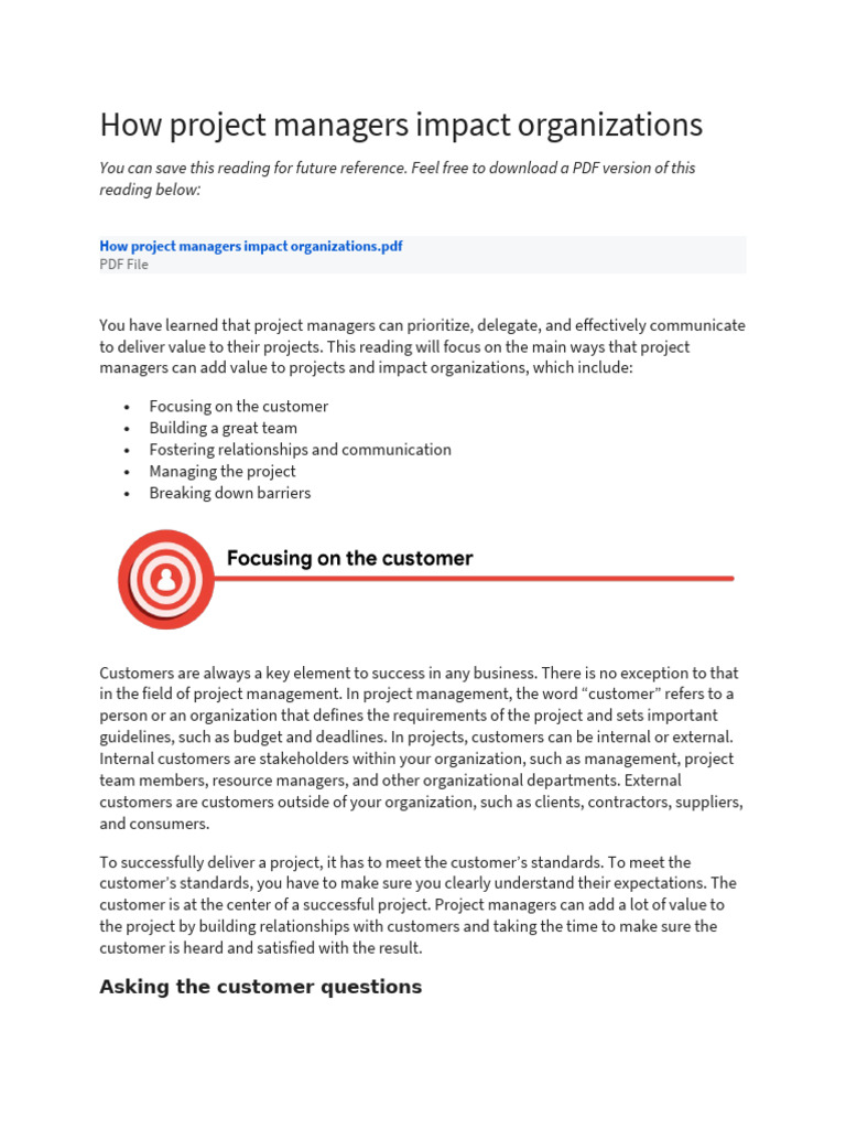 Project Managers' Value to Organizations | PDF | Customer | Goal