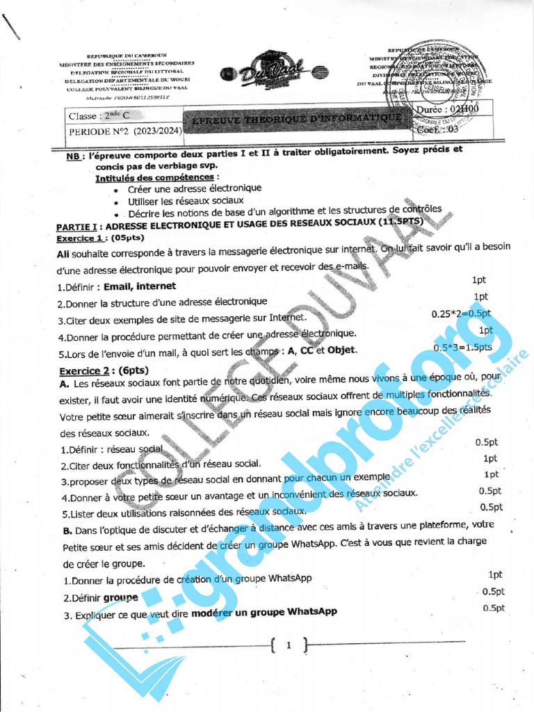 Informatique 2ndeC Evaluation2 College DU VAAL Novembre 2023 | PDF