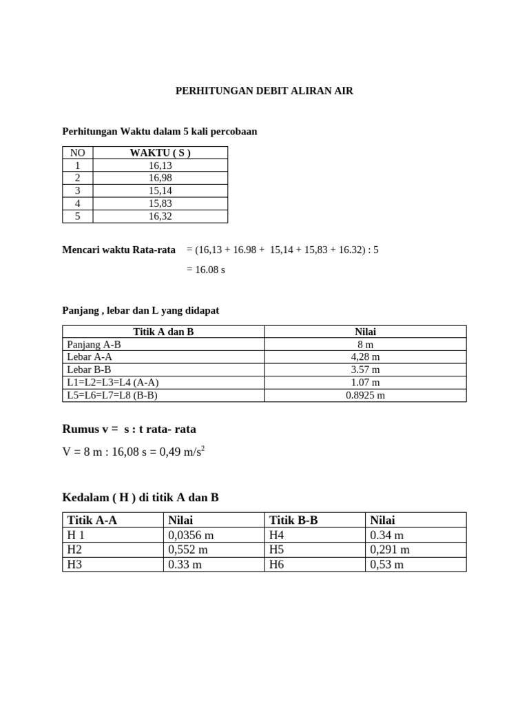Perhitungan Debit Aliran Air dan Rata-rata | PDF