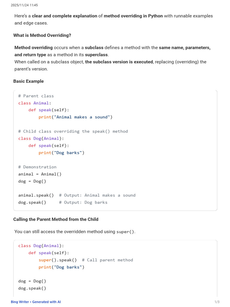 Method Overriding in Python 1763964936118 | PDF | Method (Computer Programming) | Inheritance ...