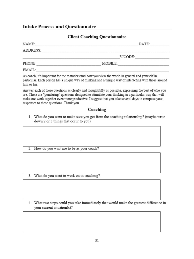 Client Coaching Intake Questionnaire | PDF