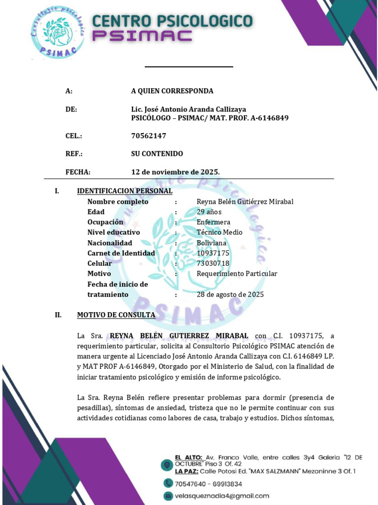 Informe Psicológico de Reyna Gutiérrez | PDF | Ansiedad | Depresión ...