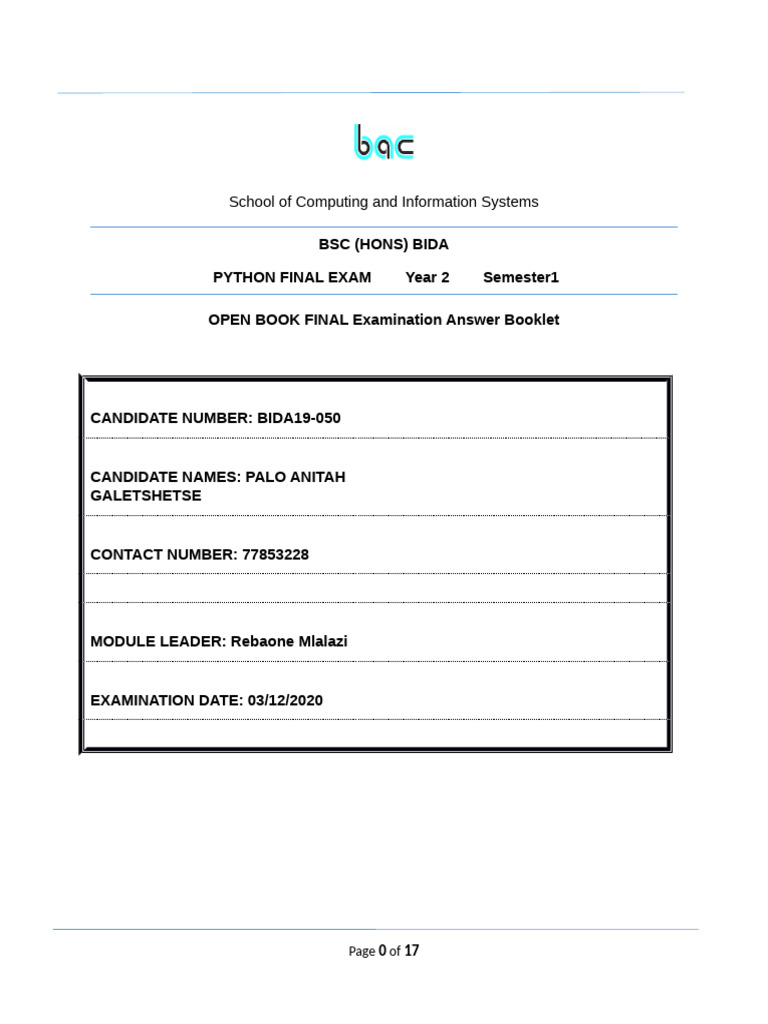 PYTHON FINAL EXAM BOOKLET | PDF | Class (Computer Programming) | Method ...