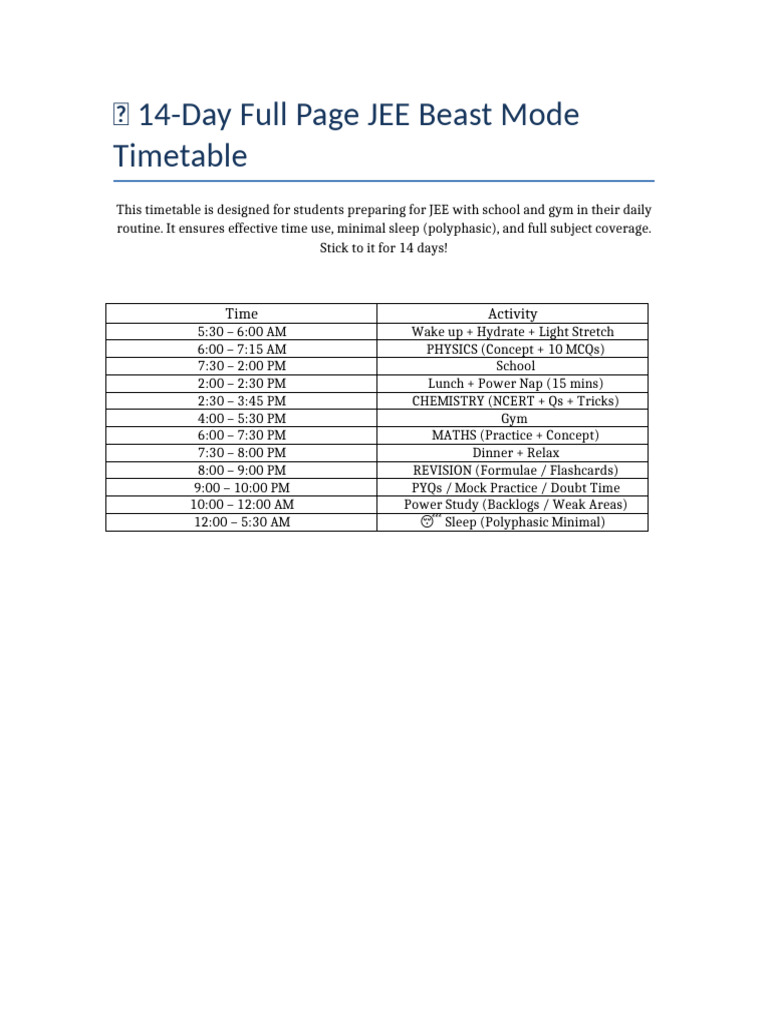 Jee Beast Mode Full Page Timetable Pdf