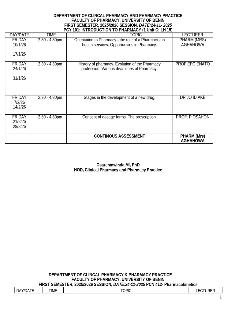 Final First Semester Lecture Schedule 2025-2026 Session | PDF ...