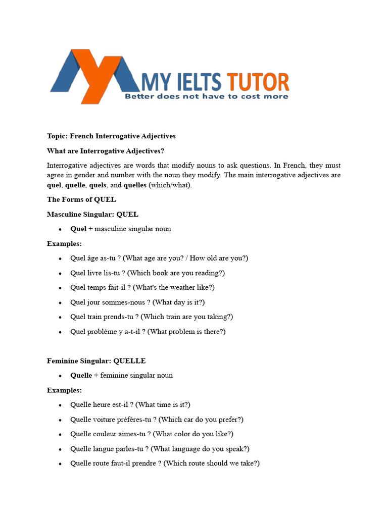 French Interrogative Adjectives Guide | PDF | Grammatical Gender | Plural