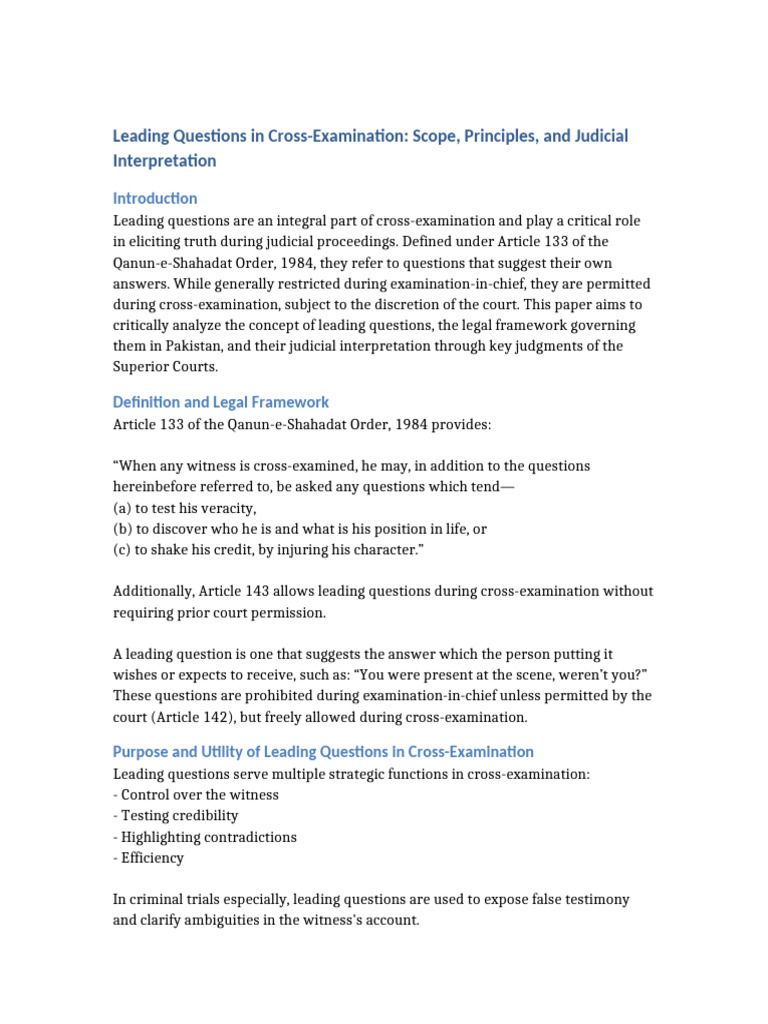 Leading Questions in Cross Examination Assignment | PDF | Cross ...