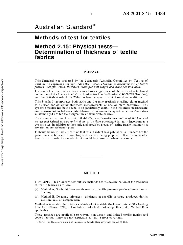 As 2001.2.15-1989 Methods of Test For Textiles Physical Tests ...