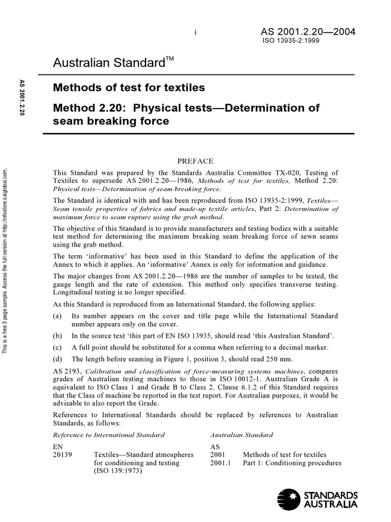 As 2001.2.20-2004 Methods of Test For Textiles Physical Tests ...