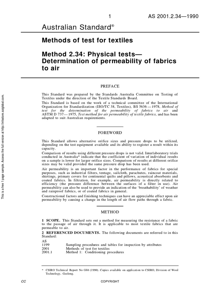 As 2001.2.34-1990 Methods of Test For Textiles Physical Tests ...