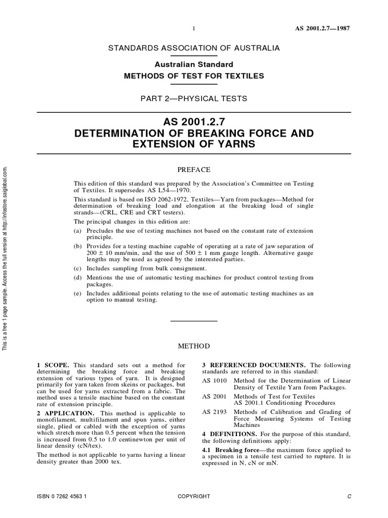 As 2001.2.7-1987 Methods of Test For Textiles Physical Tests ...