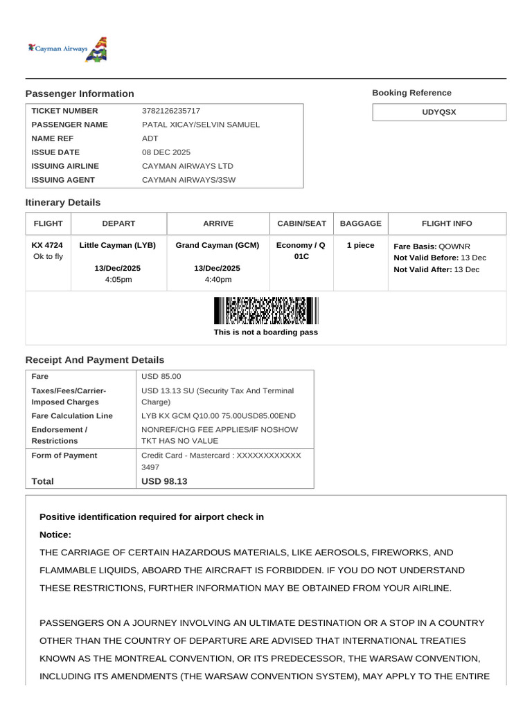 Cayman Airways Passenger Itinerary Details | PDF