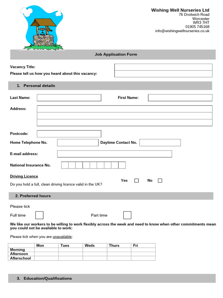 Job Application Form for Wishing Well Nurseries | PDF | Justice | Crime ...