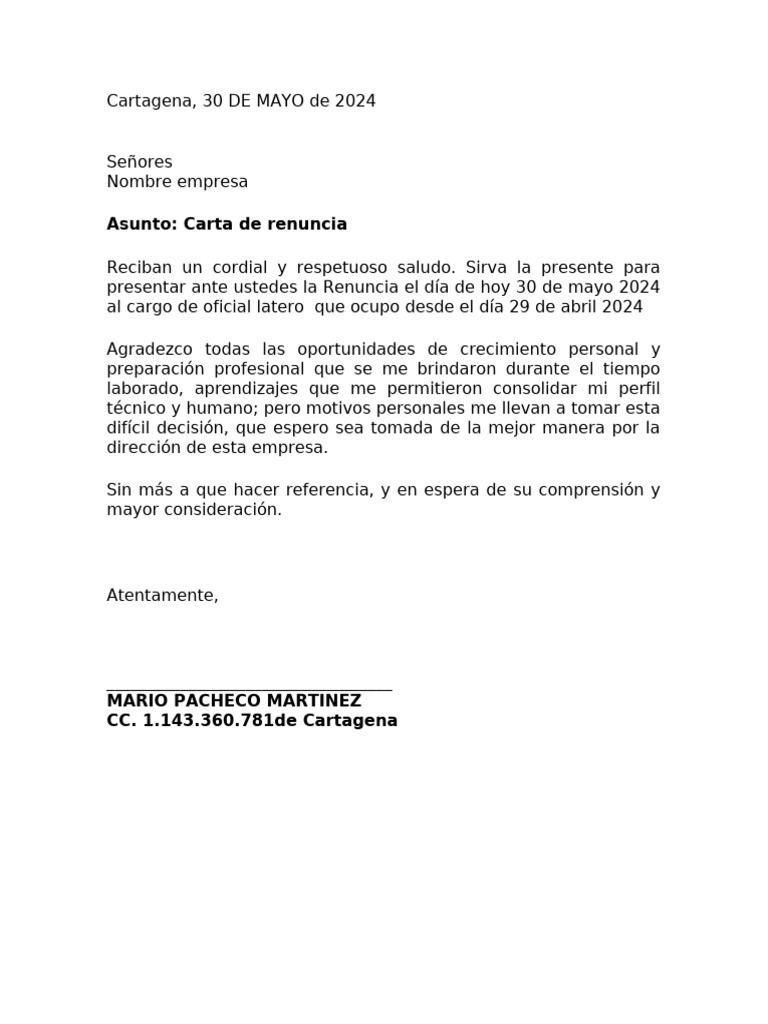 Carta de renuncia oficial de Mario Pacheco | PDF