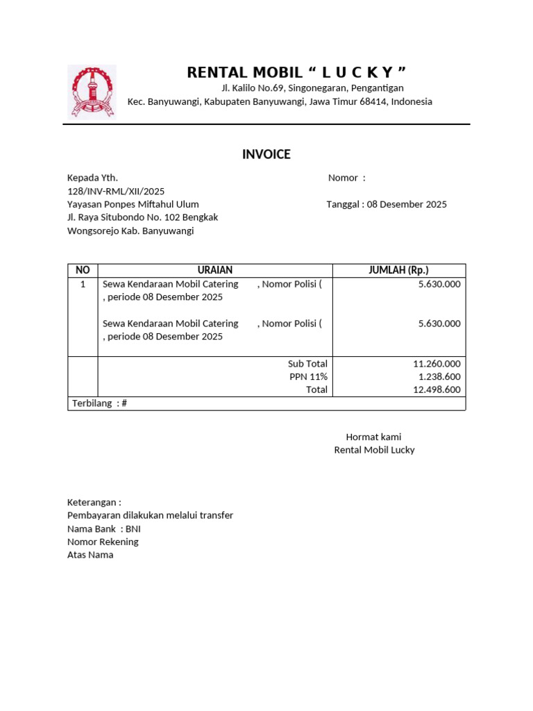 Invoice Sewa Mobil Lucky Banyuwangi | PDF