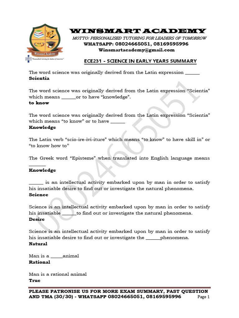 Ece231 Science in Early Years Summary 08024665051 | PDF | Science | Reason
