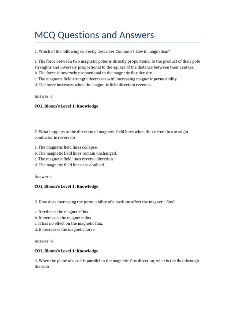 Magnetic Field Concepts MCQs and Answers | PDF | Magnetic Field | Inductor