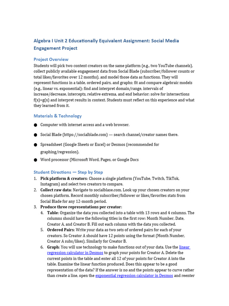 Algebra I Social Media Engagement Project | PDF | Function (Mathematics ...