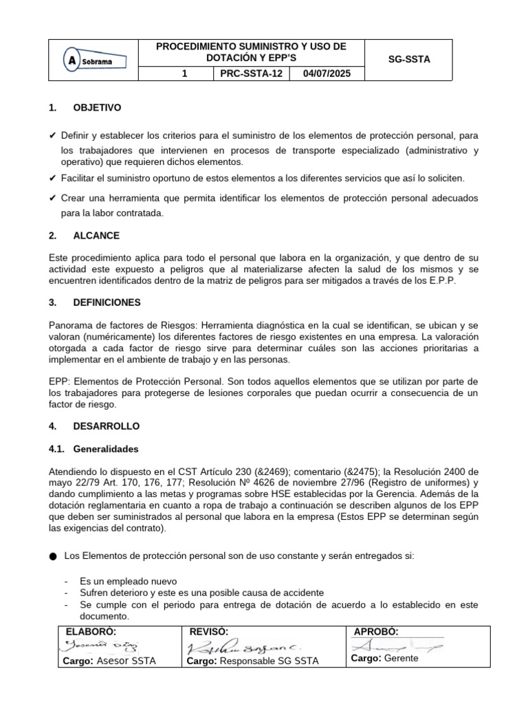 3.2.6 PROCEDIMIENTO SUMINISTRO Y USO DE DOTACION Y EPP´S | PDF
