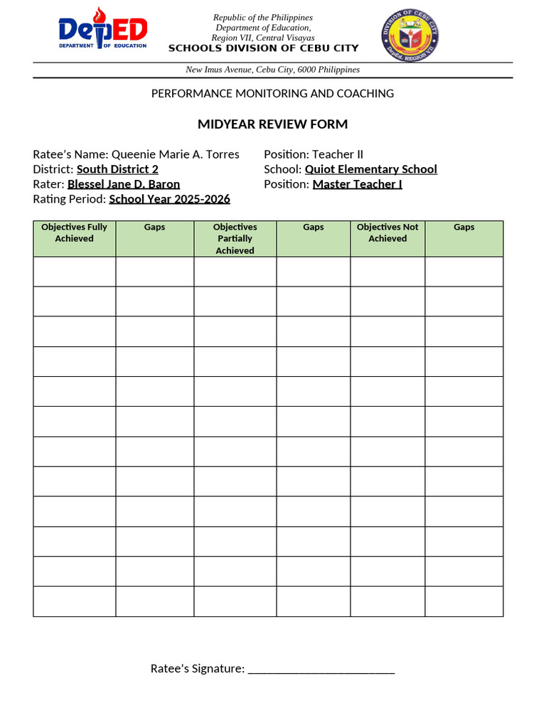 Midyear Performance Review Form for Teachers | PDF