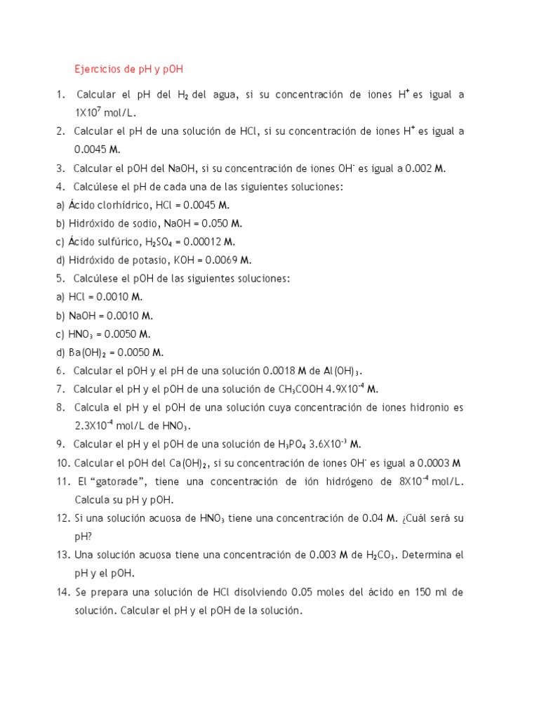 Ejercicios de pH y pOH