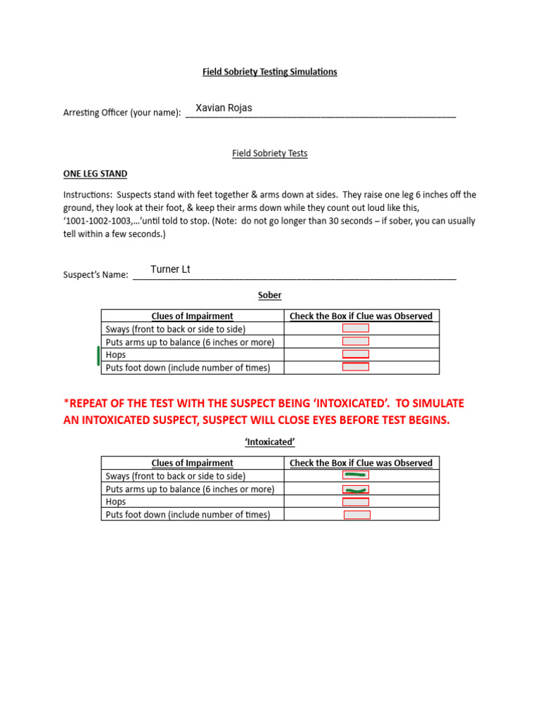 Field Sobriety Testing Simulations - Google Docs | PDF | Foot